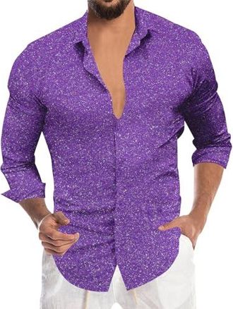 Generic Haut Paillettes- LIndispensable du Carnaval Chemise &agrave; Manches Longues Boutonn&eacute;E &agrave; Revers Imprim&eacute; Brillant pour Homme V&ecirc;Tement De Soir&eacute;E Tendance Desig