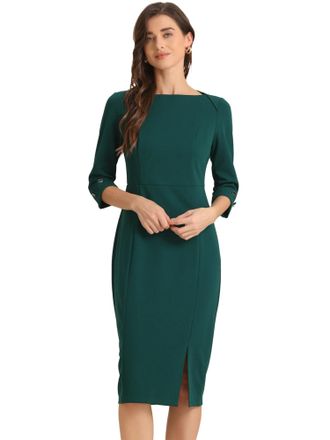 Allegra K Elegantes Damenkleid mit U-Boot-Ausschnitt, 3/4-&Auml;rmel, 2025, f&uuml;r die Arbeit, Midi-Etuikleid, dunkelgr&uuml;n, X-Gro&szlig;