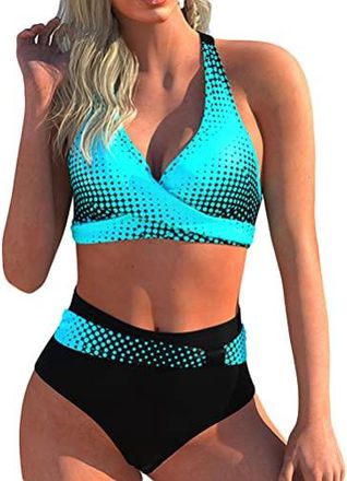 Minetom Femme Maillots de Bain Taille Haute Deux Pièces Ensemble Imprimé Push Up Bikini Set Vacances Plage Swimsuit Z1 Bleu 44