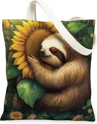 Generic Sac fourre-tout en toile r&eacute;utilisable avec motif paresseux printanier, 33 x 38,1 cm, motif tournesol, feuille de tournesol, animal pour femme, joli mo
