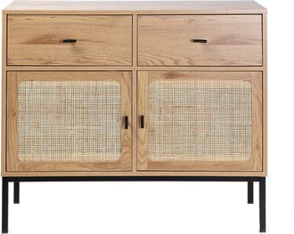 Calicosy Kommode 2 Türen 2 Schubladen Rattangeflecht - Eichenoptik - Spanplatten - Schwarzes Metallgestell - Für Schlafzimmer, Flur oder Wohnzimmer - Zeitgenös