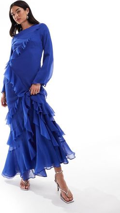 Asos Robe longue à larges volants et manches longues évasées - Bleu de cobalt