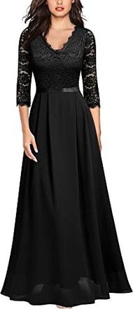 Generic Robe longue de soir&eacute;e en dentelle florale formelle pour femmes, manches 2/3 (Noir,M)