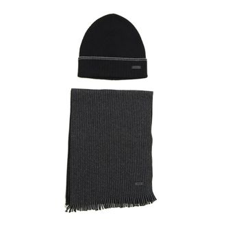 HUGO BOSS Schal- und M&uuml;tzenset mit Fransenbesatz - - Accessories - Herren - Schwarzk - ONE SIZE