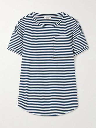 Brunello Cucinelli T-shirt Aus Gestreiftem Baumwoll-jersey Mit Zierperlen - Blau