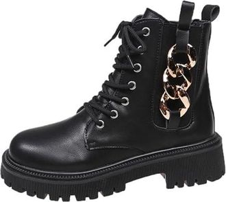 Generic Bottines tendance à talon épais avec semelle à crampons pour femme - Chaîne en métal - Plateforme - Bout rond - Chaussures de combat à lacets, Noir, 3