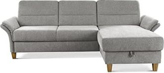 Cavadore Ecksofa Wyk mit Federkern / Schlafsofa im Landhaus-Stil mit Longchair, Bett, Bettkasten + Armteilfunktion / 252 x 90 x 162 / Chenille, Hellgrau