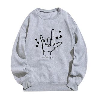 Generic Sweat-shirt &agrave; manches longues et col rond imprim&eacute; coeur I You pour femme, gris, XXL