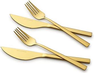 Echtwerk Pizzabesteck-Set, Pizzaset, Steakbesteck, Essbesteck 4-teilig für bis zu 2 Personen, Mit 2 Pizzamessern und 2 Pizzagabeln aus Edelstahl, Gold-Edition,