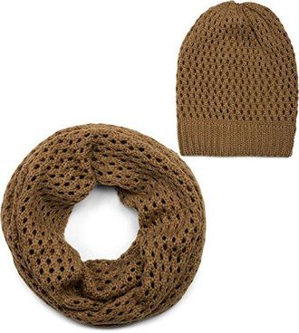 styleBREAKER Ensemble constitu&eacute; dun bonnet et dune &eacute;charpe loop, ch&acirc;le tricot&eacute; avec motif ajour&eacute; et bonnet en maille, unisexe 01018210, couleur:Cognac