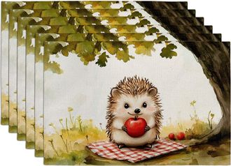 Generic Niedliche Igel mit Fr&uuml;chten Platzsets, Herbstwald-Stil, Esstisch-Matten, rutschfest, waschbar, f&uuml;r drinnen und drau&szlig;en, dekorative Tischsets f&uuml;r Kinde