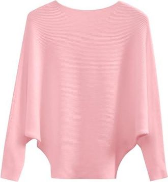 Generic Pull pour femme - Col rond - Coupe ajust&eacute;e - Uni - Ray&eacute; - Couleur unie - Confortable - Manches longues - Pull chaud en tricot fin pour lautomne, rose,