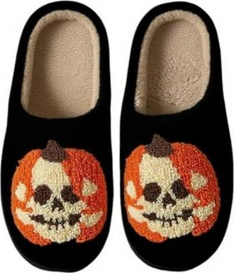 Generic Chaussons pour femme avec doublure chaude avec motif citrouille pour homme et femme pour lhiver et lautomne, Noir, 42 EU