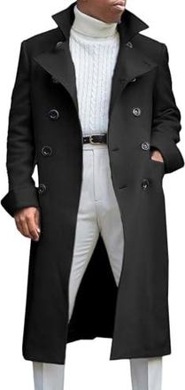 Generic Trench &agrave; revers crant&eacute; pour homme, coupe ajust&eacute;e, double boutonnage, manteau long dhiver chaud pour homme, Noir, 4XL