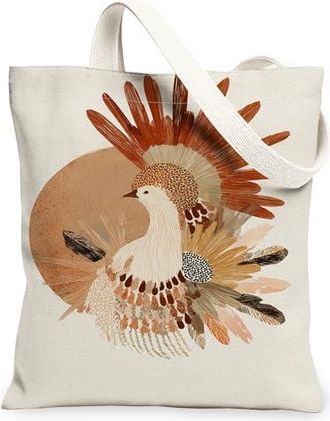 Generic Sacs fourre-tout en toile doiseau dautomne, sacs d&eacute;picerie r&eacute;utilisables, l&eacute;gers et lavables avec bandouli&egrave;re Ca, beige, 13x15 Inch