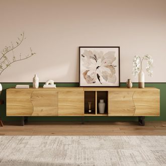 Generic TV-Schrank Naturholz Optik 191 cm Lowboard mit Metallgestell & 5 T&uuml;ren f&uuml;r Fernseher bis 85 Zoll Modernes Design Fernsehtisch Sideboard Unterschrank G