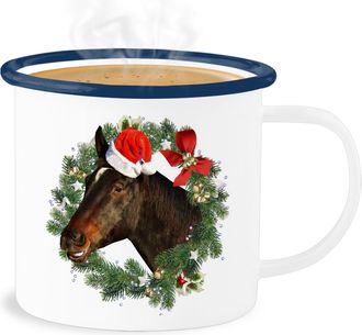 Shirtracer Emaille Becher Blechbecher - Weihnachtstasse Tasse Weihnachten - Pferd mit Weihnachtsmütze im Kranz - 300 ml - Weiß Blau - weihnachtstassen christmas 