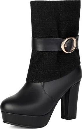 SJJH Bottes de cheville avec fermeture &eacute;clair lat&eacute;rale | Bottes pour femme pour les loisirs, talon 9,5 cm, mat&eacute;riaux m&eacute;lang&eacute;s, polyvalents, Noir, 32 EU