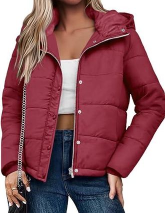Zeagoo Veste hiver femme doudoune matelass&eacute;e chaude avec capuche et poches blouson court fermeture &eacute;clair et boutons pression coupe vent style quotidien Bord