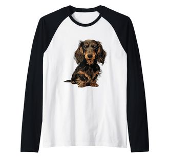 Whyitsme Design Dackel-Illustration mit langem Haar, Schwarz und Hellbraun Raglan