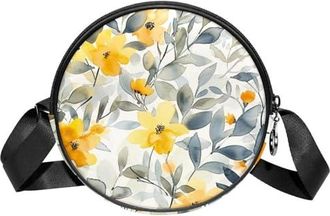 Generic Petit sac &agrave; bandouli&egrave;re circulaire pour femme, motif feuilles florales, sac &agrave; dos avec fermeture &eacute;clair, bretelles r&eacute;glables, sac &agrave; main rond d&eacute;contra
