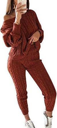 ORANDESIGNE 2PC Femmes Solides Tricoté Chaud Sportif Survêtement Sweat-Shirt + Pantalon Ensemble Tricot Chandail Sportswear pour Yoga Gymnastique Jogging Manches 