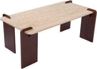 Menzzo Table basse au design Art D&eacute;co Cezanne 60x120cm Effet travertin Beige et Bois fonc&eacute;