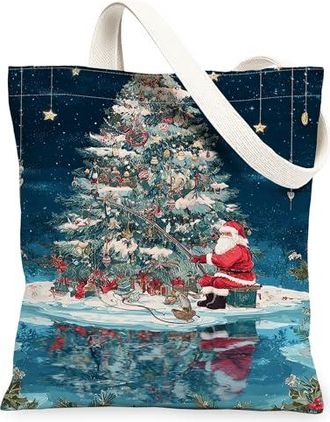 Generic Sacs fourre-tout en toile vintage de No&euml;l, motif arbre de vacances, sacs de courses r&eacute;utilisables, festifs, l&eacute;gers et lavables, toile pour voyage, pla
