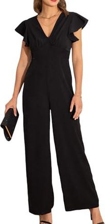 Cupshe Combinaison décontractée et élégante avec col en V et manches volantées pour femme - Jambes longues et larges - Combinaison de vacances avec fermeture