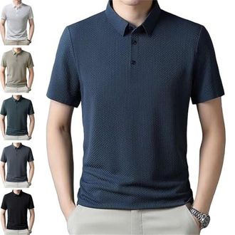 Generic T-shirt &agrave; manches courtes en maille de soie glac&eacute;e pour homme, polo d&eacute;t&eacute; &agrave; s&eacute;chage rapide, chemise boutonn&eacute;e pour homme, bleu/gris, XXL