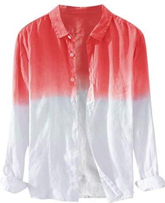 Generic Chemise d&eacute;grad&eacute;e teint&eacute;e pour homme, col boutonn&eacute;, manches longues, tendance en coton et lin respirant, chemise douce et ample, haut de plage l&eacute;ger po