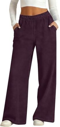 Generic Jean large de couleur unie pour femme - Taille haute &eacute;lastique - Pantalon d&eacute;contract&eacute; en jean ample avec poches pour les trajets quotidiens, bordeaux,