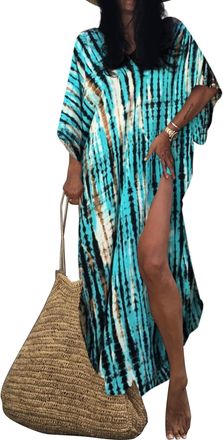 Bsubseach Damen Strandkleid Boho Strandponcho Plus Gr&ouml;&szlig;e Kaftan Sommerkleid Maxikleid Lose Maxi Kimono Kaftan Blau Druck