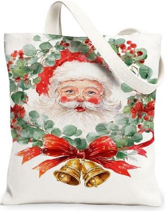 Generic Sacs fourre-tout en toile de Noël, motif Père Noël, sacs de courses réutilisables, légers et lavables avec bandoulière en toile pour cadeaux 33 x 38 c