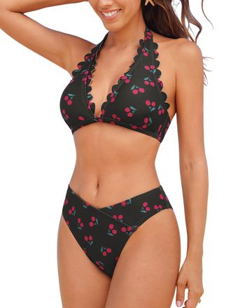 Cupshe Damen Bikini Set V-Ausschnitt Bademode Blumenmuster Tiefer Haltertr&auml;ger Spitzenbesatz Badeanzug Black/Cherry S