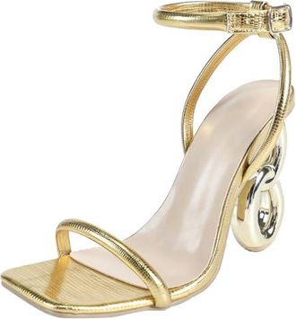 Generic Sandales Dorées Métallisées pour Femme - Talon Sculptural & Bride à la Cheville, Bout Ouvert, Talon Bloc Unique 11cm, Style Soirée,dor,38 EU
