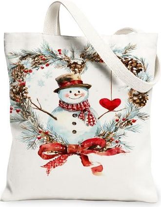 Generic Sacs fourre-tout en toile motif bonhomme de neige, jolis sacs de courses r&eacute;utilisables, rustiques, l&eacute;gers, lavables &agrave; l&eacute;paule pour voyage, &eacute;picerie, p