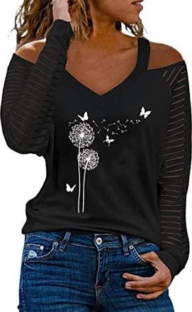 Generic Chemise &agrave; Col en V Femmes T-Shirts Imprim&eacute; Pissenlit Manches Long Blouse Sexy &eacute;paules Nues Chemisier D&eacute;contract&eacute;s Hauts L&acirc;che Sweat Pulls De Sport Swe