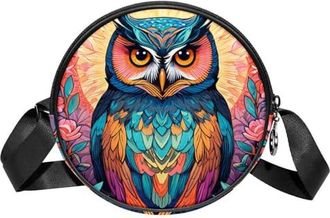 Generic Sac &agrave; bandouli&egrave;re rond pour femme, motif hibou color&eacute; avec fermeture &eacute;clair, bretelles r&eacute;glables, sac &agrave; main rond d&eacute;contract&eacute; pour femmes et filles