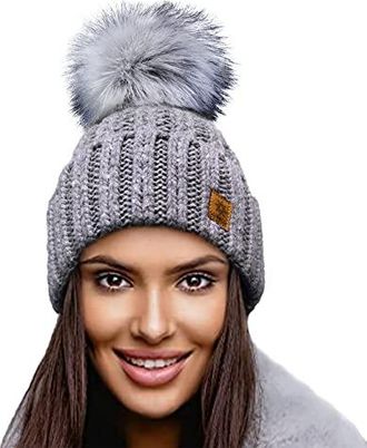 4sold Lady Bonnets Bonnet Fourr&eacute; Hiver pour Femme Bonnet Tricot&eacute; et Gros Pompon Coloris Taille Unique Gold Circle Little Crystals (Gris)