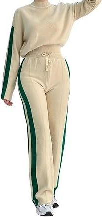 Generic Ensemble de pantalons en tricot fin à rayures contrastées et col rond pour lautomne, 2, XXL