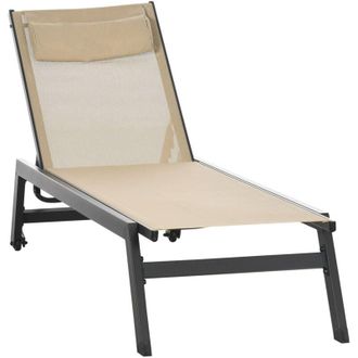 OUTSUNNY Bain de soleil transat inclinable 5 positions - t&eacute;ti&egrave;re, 2 roulettes - alu. textil&egrave;ne kaki