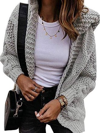 Onsoyours Cardigan Femme Automne Hiver Long en Tricot Veste Couleur Unie Grande Taille Ouvert Épais Manches Longues Pull Gilet Chaud Casual Capuche Manteau Swea