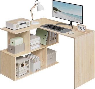 Woltu Woltu - Table dOrdinateur 120x100cm, Bureau dangle avec Rangement, Bureau en l, Ch&ecirc;ne Clair