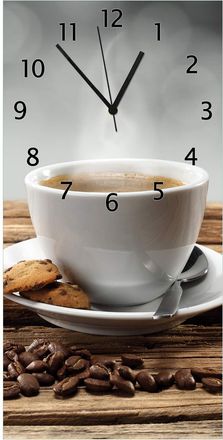 Wallario Design-Wanduhr, Acrylglasuhr Größe 30 x 60 cm, Schwarze Zeiger, Motiv Heiße Tasse Kaffee mit Kaffeebohnen