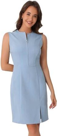 Allegra K Robe Moulante Business Femme sans Manches Col Rond Robe Mi-Longue D&Eacute;t&eacute; Fendue Lat&eacute;rale pour Bureau Bleu M