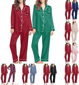 Generic Pyjama long pour femme avec boutonni&egrave;re - 2 pi&egrave;ces - Manches longues - Doux et confortable - Ensemble pyjama &agrave; revers - Couleur unie - Avec poches - V