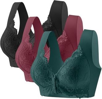 Generic Lot de 3 soutiens-gorge pour femme, fermeture avant, sans armatures, en coton, grande taille, couverture compl&egrave;te, soutien-gorge en dentelle confortab