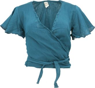 Guru Shop Boho Wickelbluse, Wickeltop aus Baumwolle - Petrol, Damen, Size:S