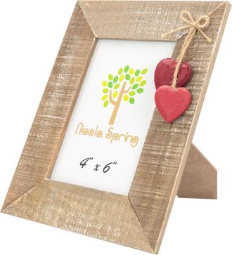 Nicola Spring Freistehender Fotorahmen passend für Fotogröße 10 x 15 cm (4 x 6 Zoll) - 1 Stück - Bilderrahmen mit rustikalen roten Herzfensterläden aus Naturholz, f